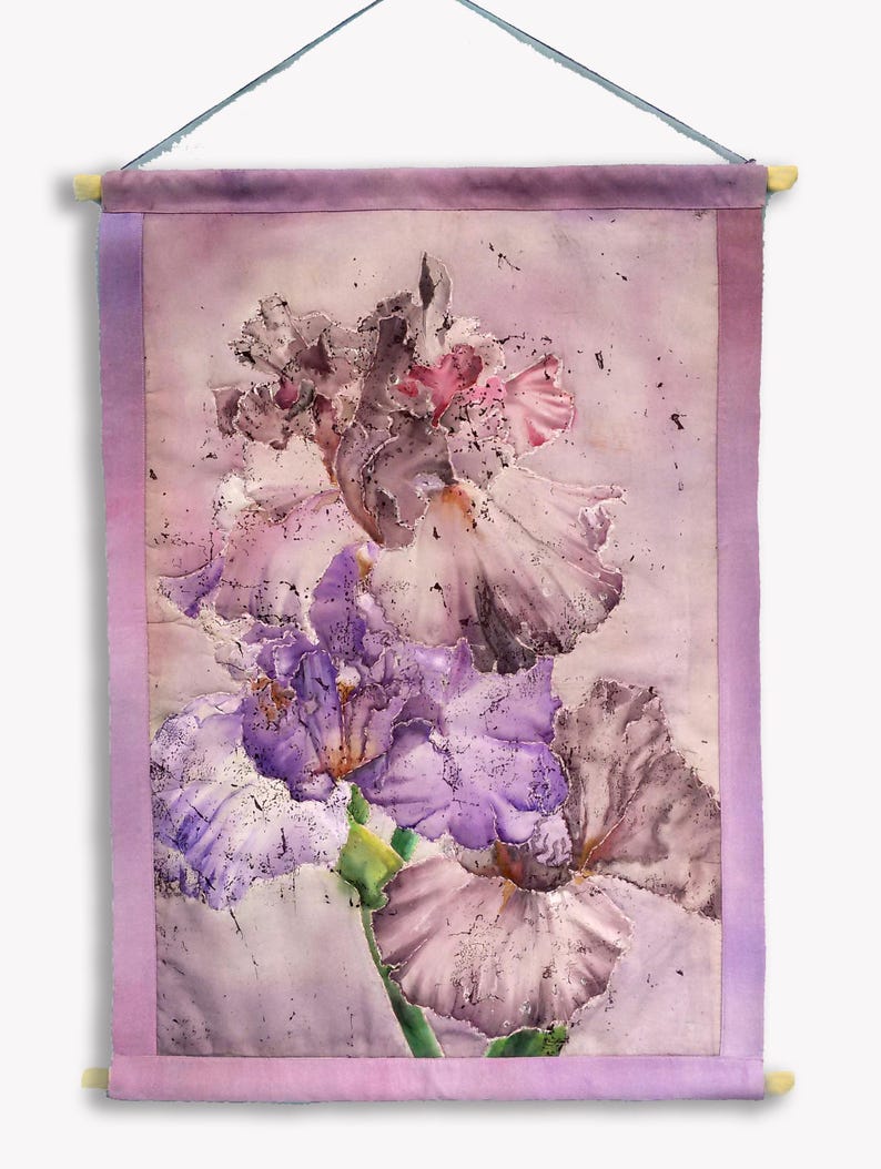 Iris Flowers Quilt Silk Panel, Lilac Mauve Batik Textile Panel, Dusty ...