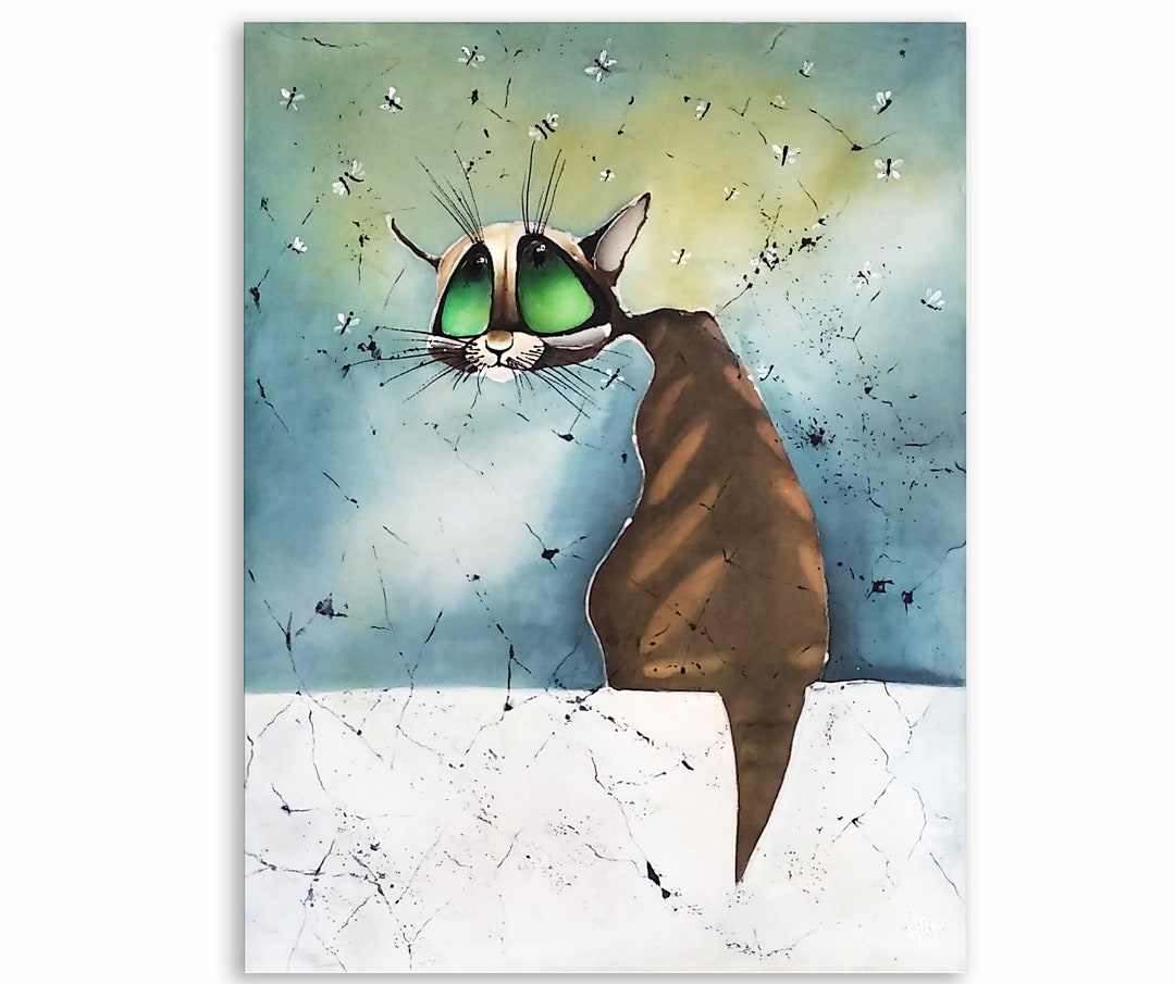 Cat Silk Painting Cute Cat Batik Painting, Cat Batik Wall Hanging ...