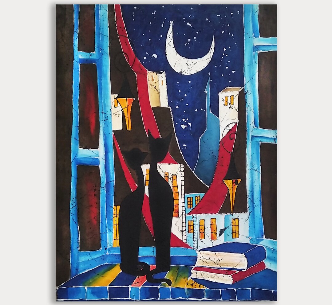 Black Cats Silk Painting, Black Cats on Window Batik Art, Baby Room ...