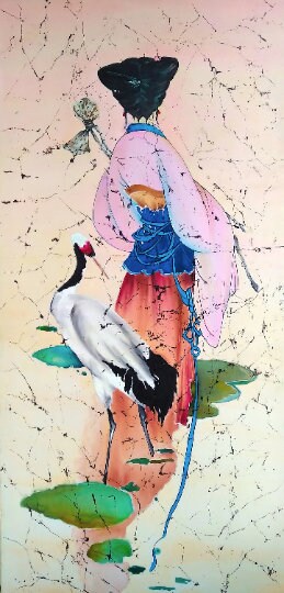 Woman With Japanese Crane Silk Painting Japan Style Batik Art, Geisha ...