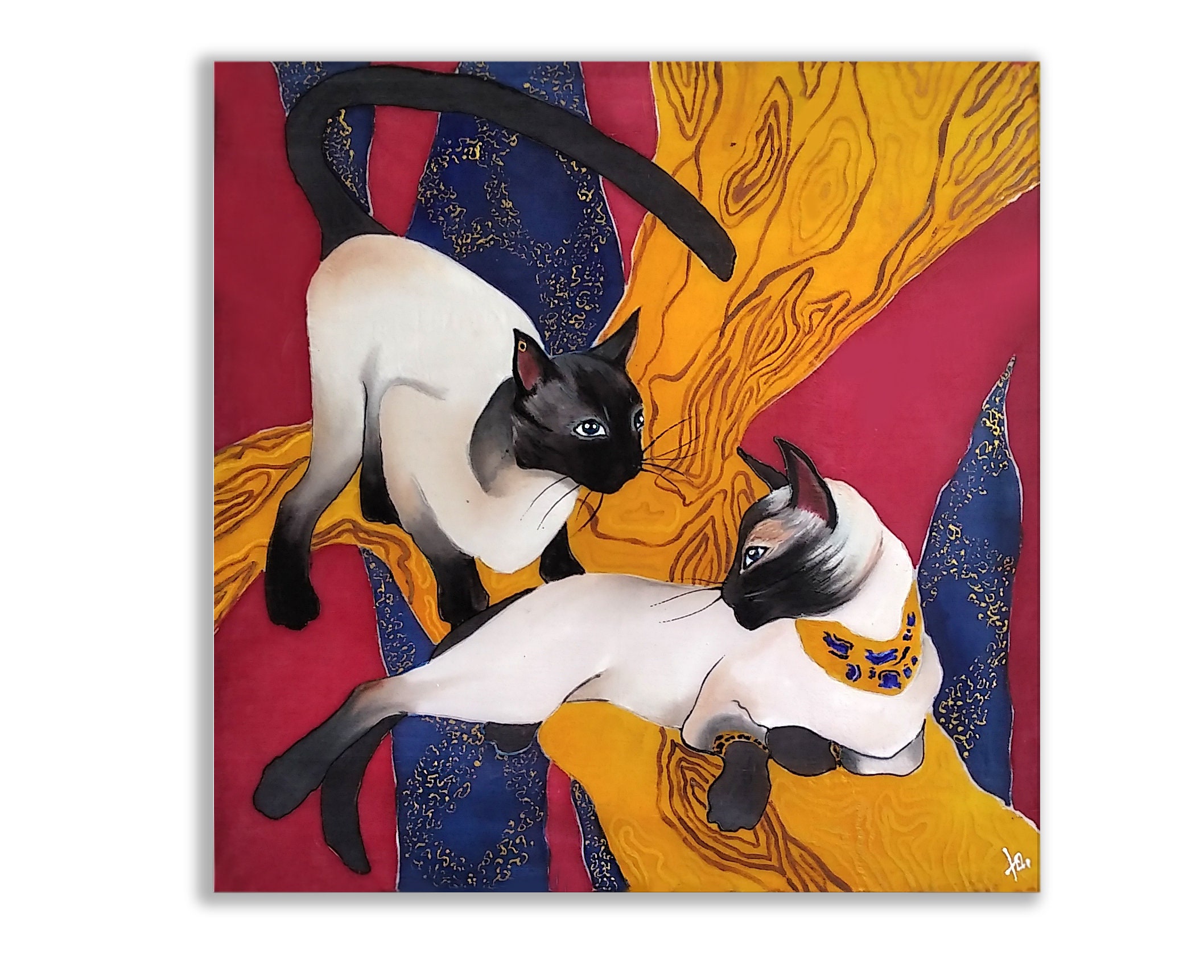 Siamese Cats Silk Painting Black White Cats Batik Art Batik - Etsy