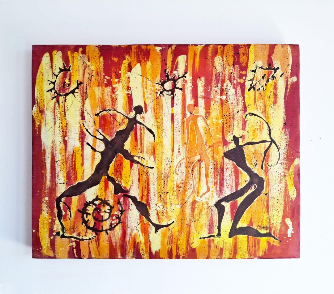 Original Batik Silk Painting – Tribal Petroglyph Style Figures Art ...
