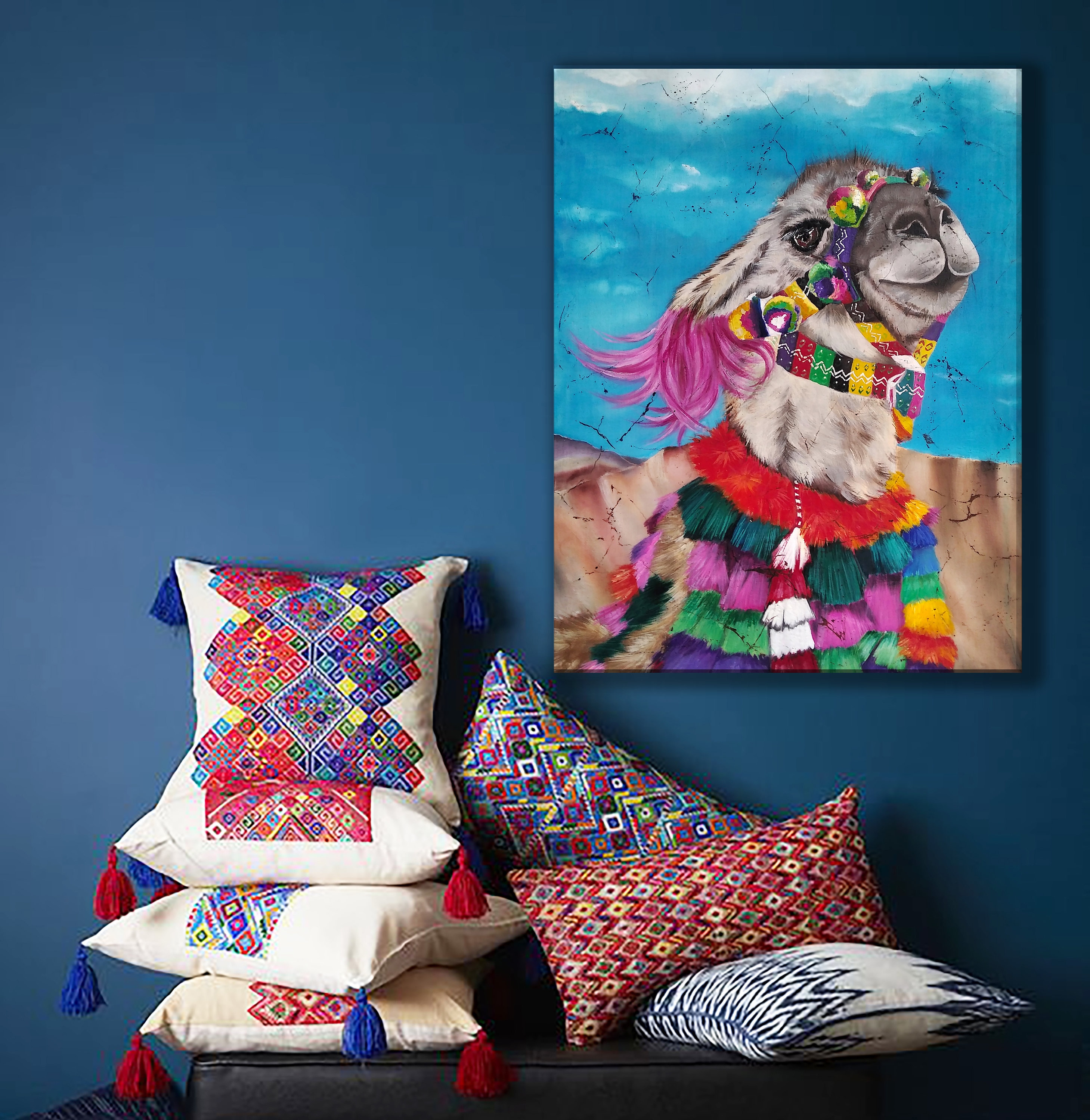 Colorful Llama Batik Art Print, Rainbow Llama Wall Art Alpaca Silk ...