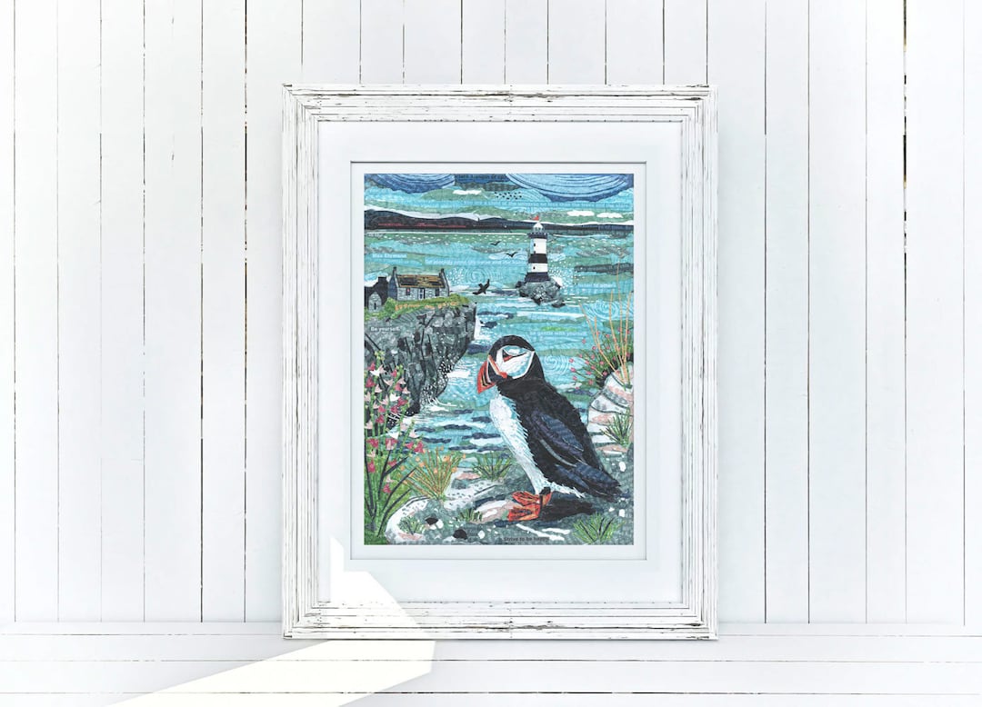Puffin Collage Art Print: John Clare Poetry Collage, Coastal Home Decor ...