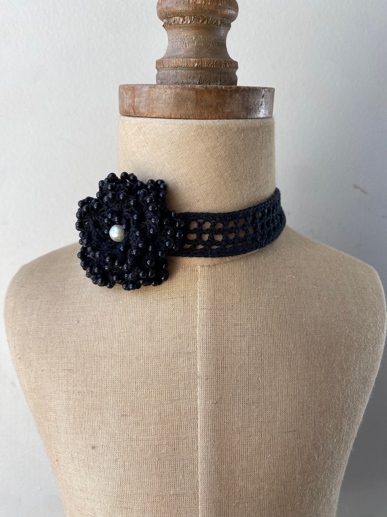 Beaded Black Rose Crochet Choker | Vintage Crochet Black Lace Flower ...