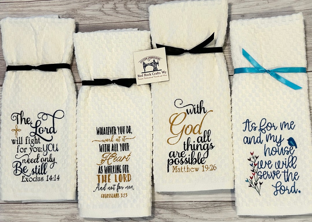 Embroidered Scripture White Kitchen Towels | Christian Gift | Hand ...