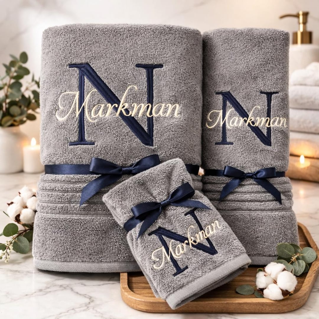 Personalized Monogram Bath Towel Set, Embroidered Cotton Towels, Custom ...