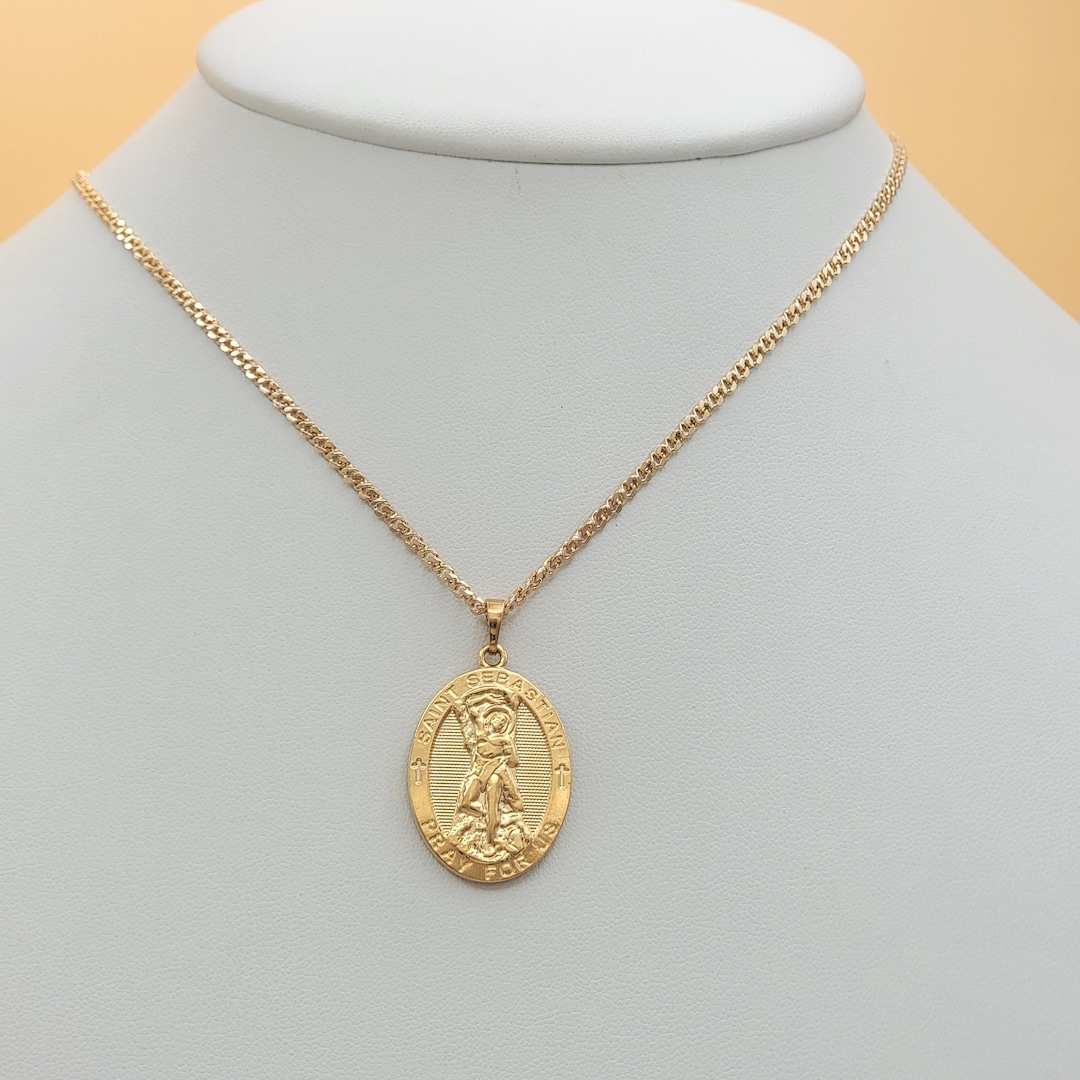 18K Gold Plated Saint Sebastian Pray for Us Pendant Chain Necklace Oro ...