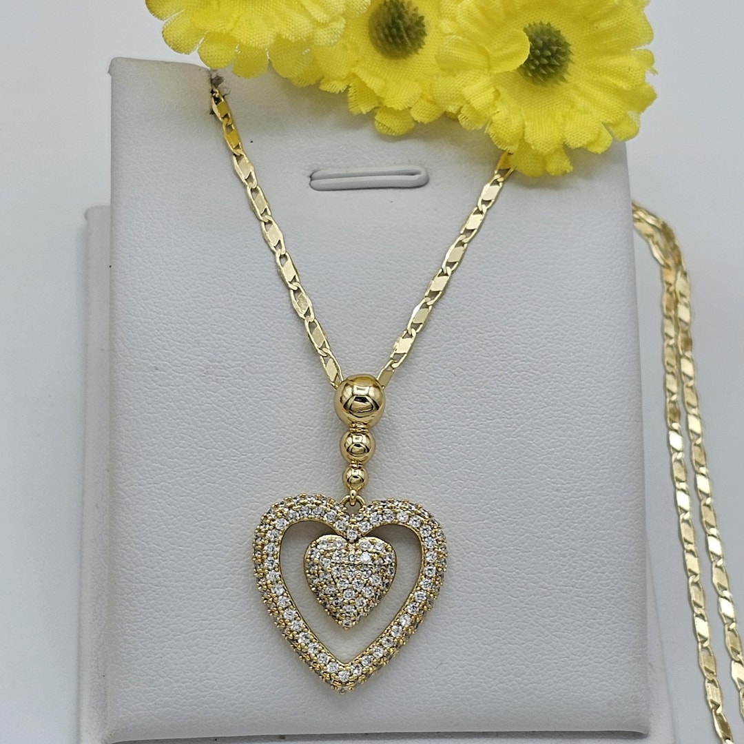 14K Gold Plated Crystal Double HEART Pendant & Chain Necklace Oro ...