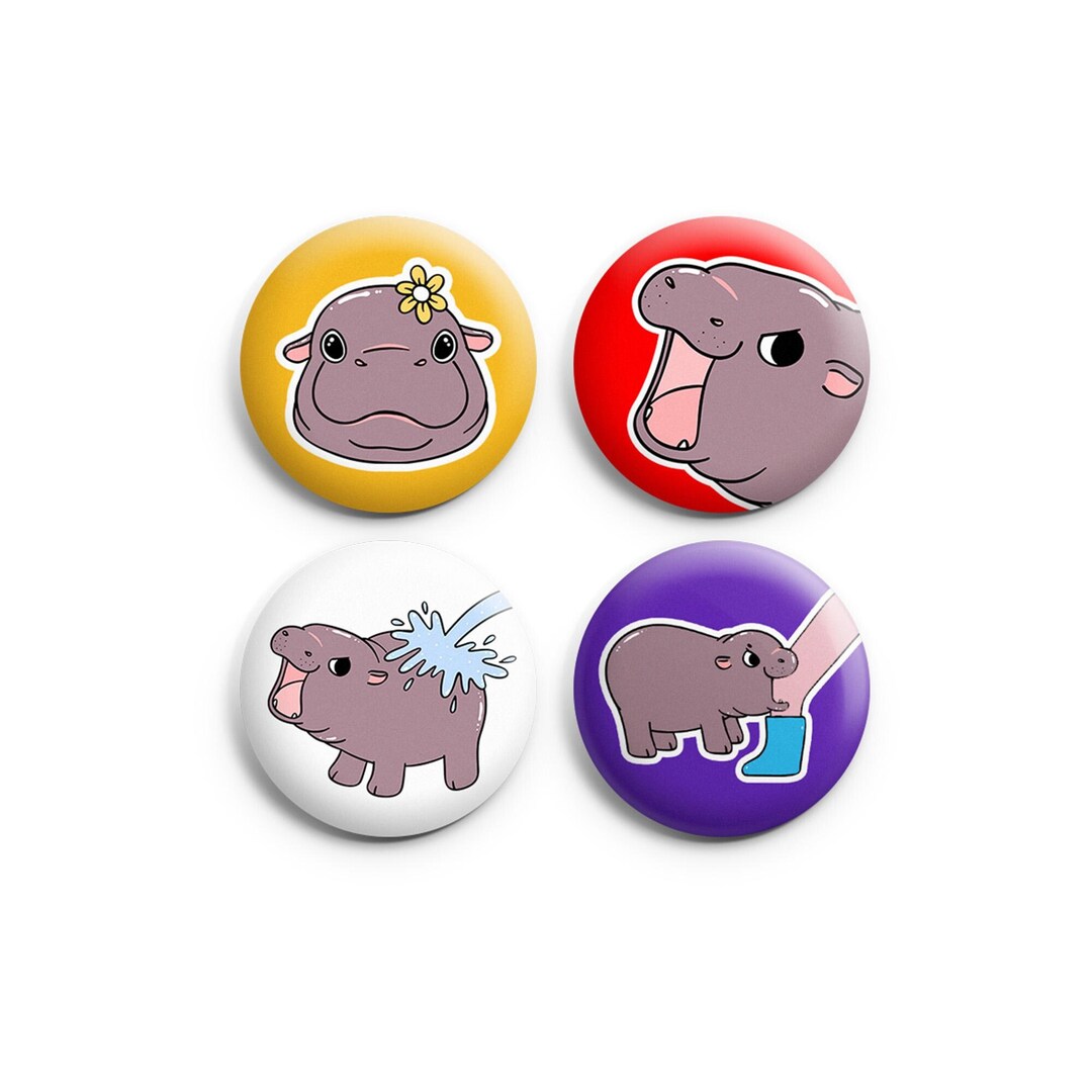 Moo Deng Hippo Pinback Buttons / Badges, Baby Hippo, Pygmy Hippo, Cute ...
