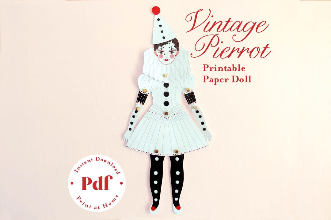 Vintage Clown Paper Doll Printable Pierrot Artist Toy (A4 Size PDF ...