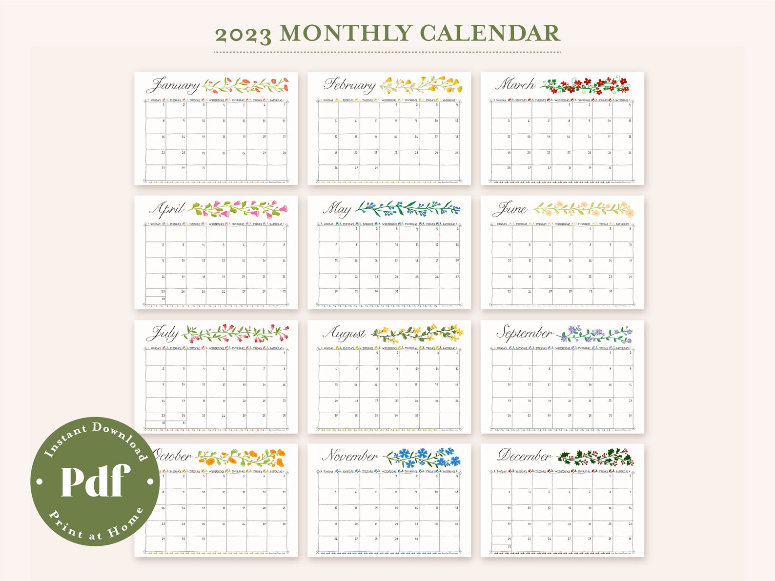 2023 Printable Floral Calendar Sunday Start Illustrated - Etsy