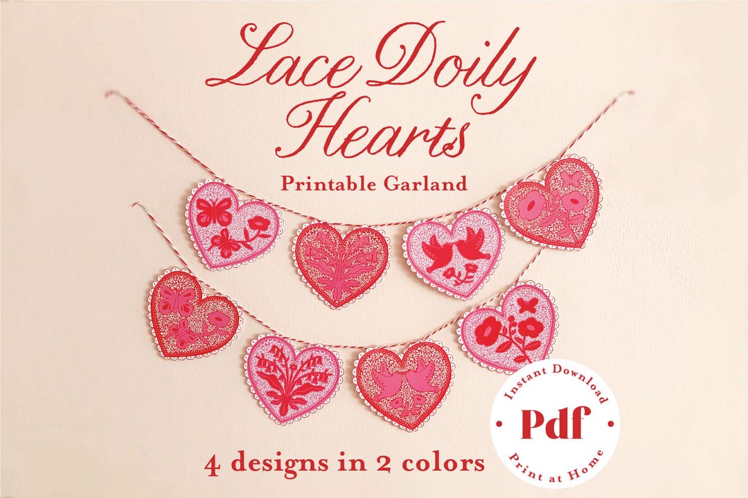 Printable Lace Doily Hearts Paper Garland 4 Designs 2 Colors Template ...