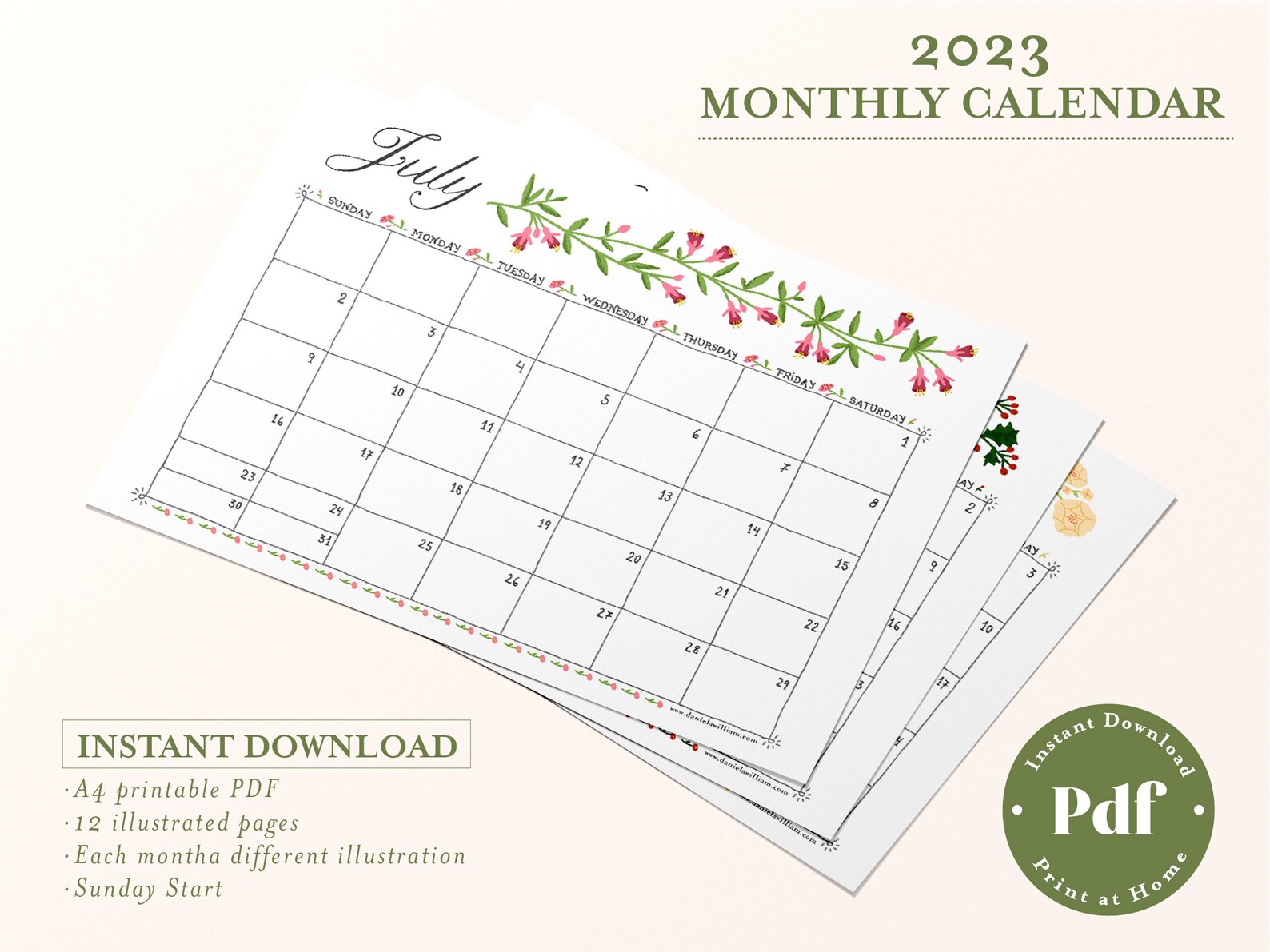 2023 Printable Floral Calendar Sunday Start Illustrated - Etsy