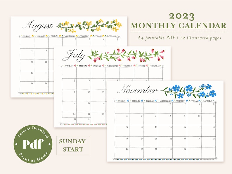 2023 Printable Floral Calendar Sunday Start Illustrated - Etsy