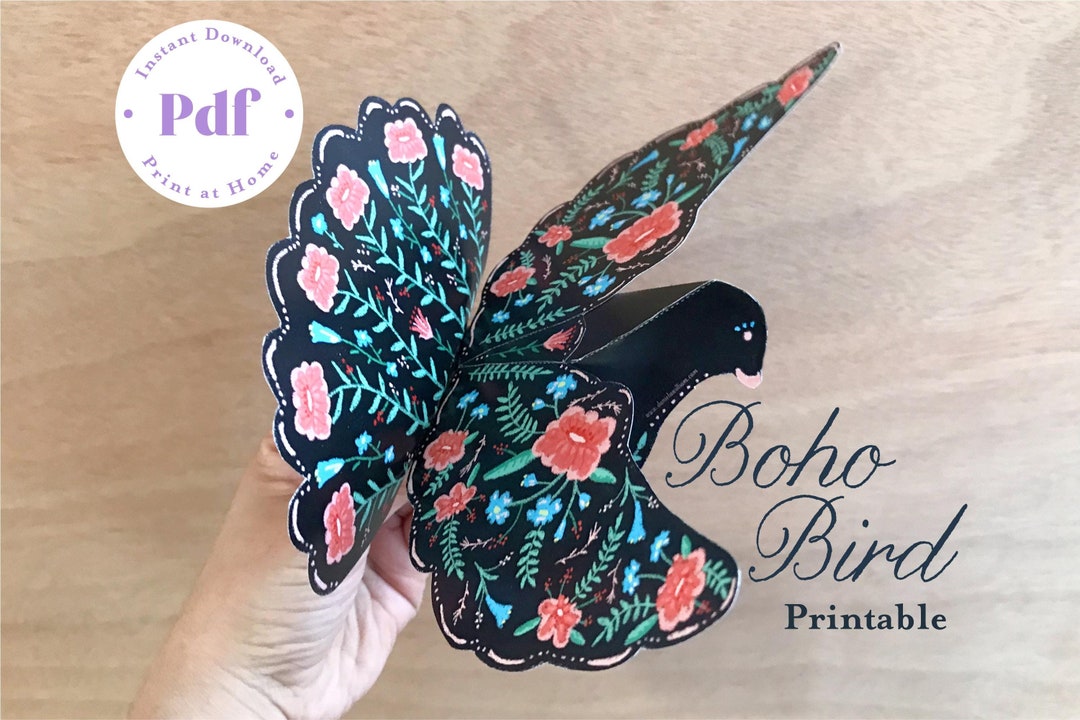Printable Paper Boho Black Bird Ornament Paper Toy Decorated Folk Bird ...