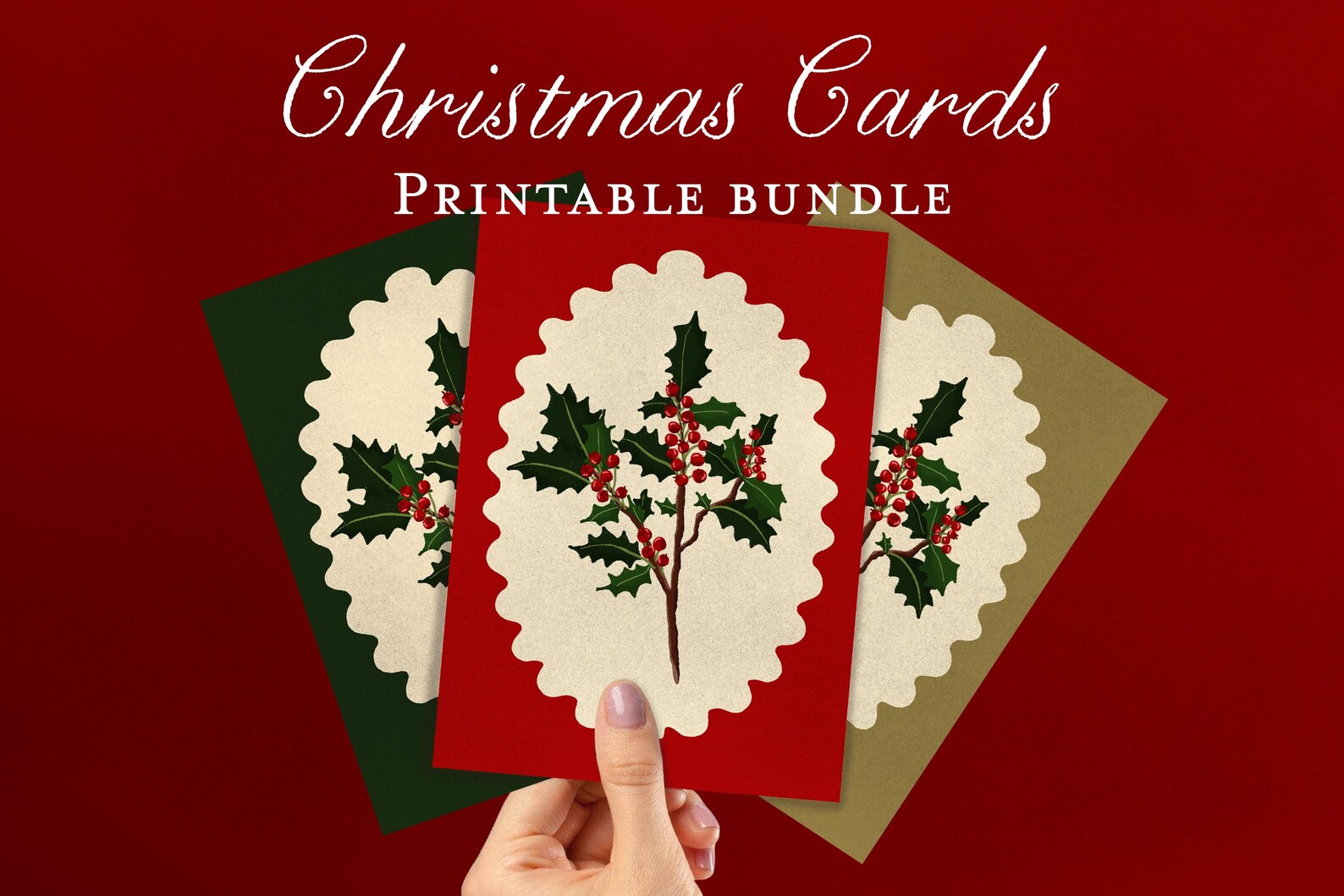 Printable Christmas Cards Bundle Blank Interior 3 Classic Colors Floral ...