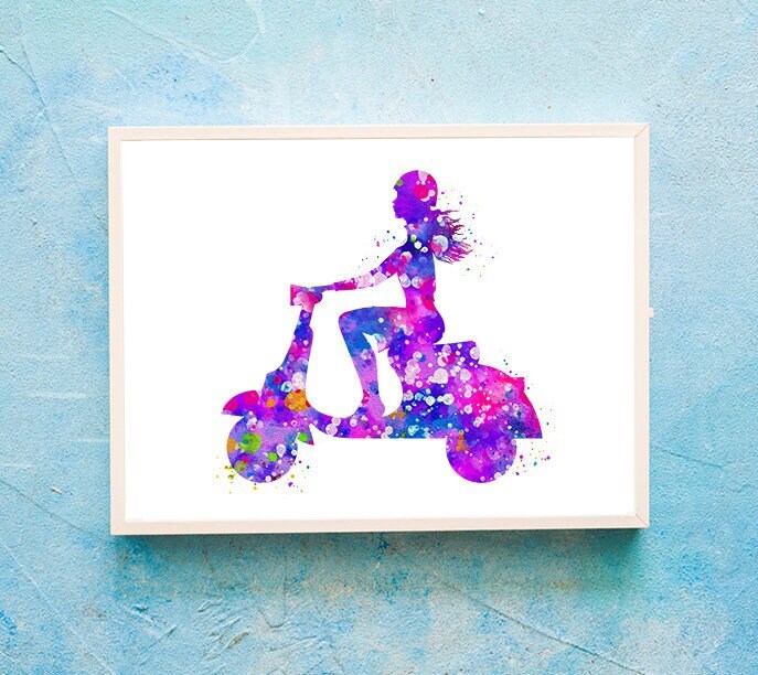 Digital Download Colorful Watercolor Riding Motorcycle Girl Art Print ...