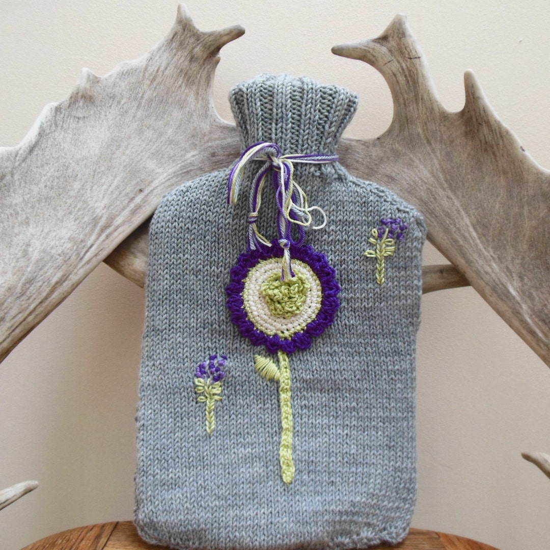 Hand Knit Merino Wool Hot Water Bottle Cover: Lavender Flower Design - Etsy