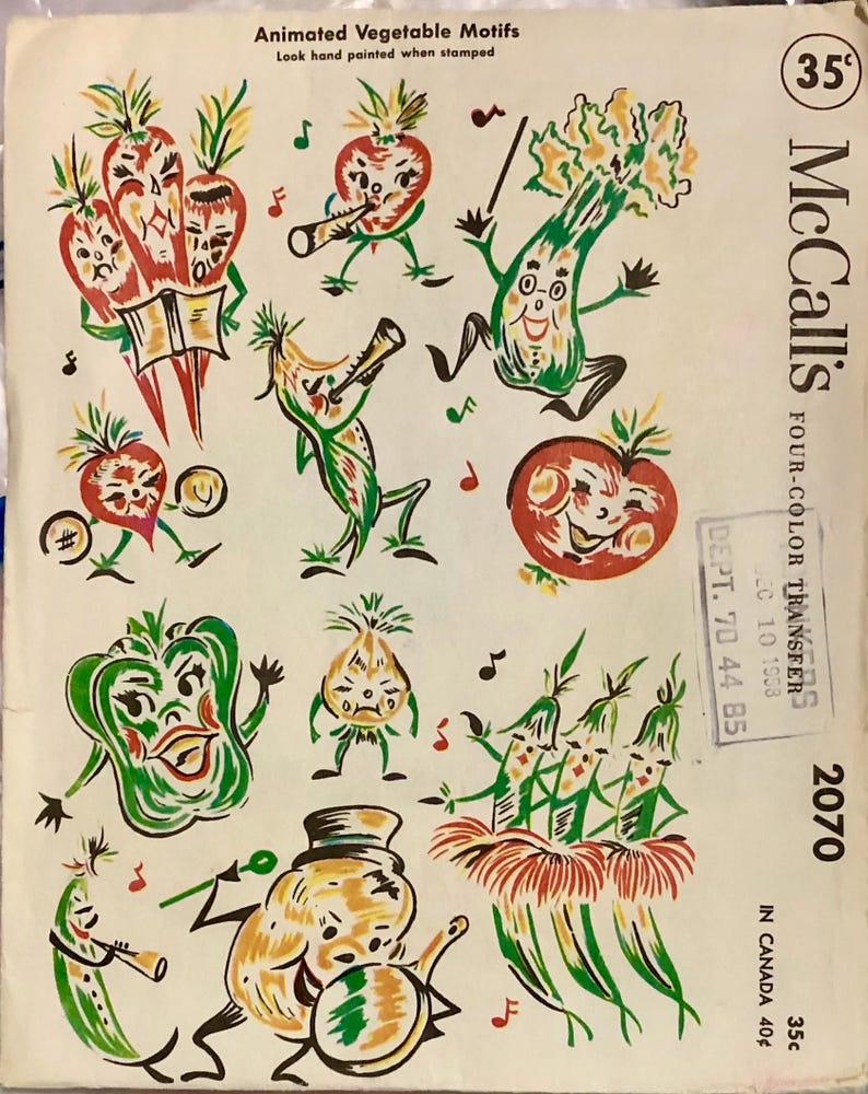 Mccall's 2070 Animated Vegetable Motifs, Four-color Hot Iron Transfers ...