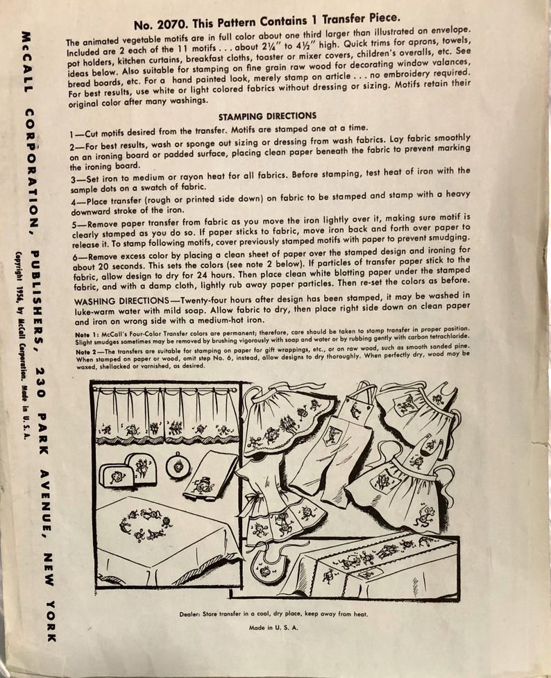 Mccall's 2070 Animated Vegetable Motifs, Four-color Hot Iron Transfers ...
