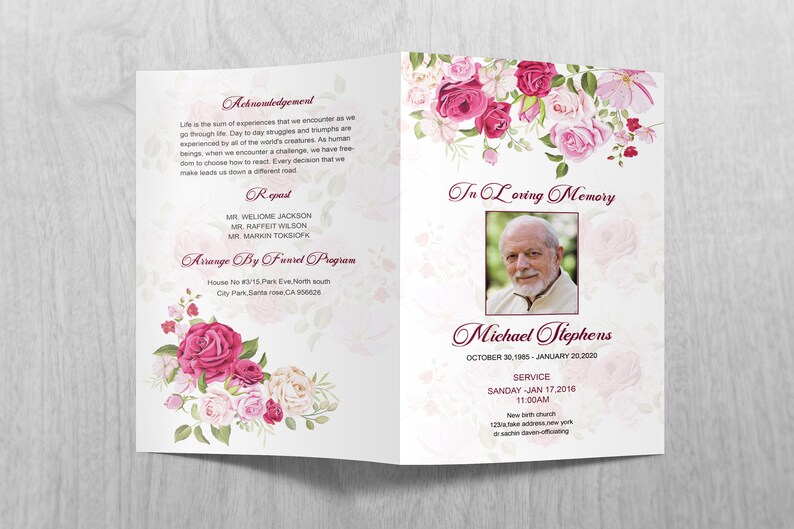 Editable Pink Rose Funeral Program Template Printable Elegant - Etsy