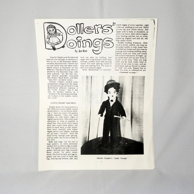 Charlie Chaplin Cloth Rag Doll Pattern Little Tramp Jen Kost 1960's 11 ...