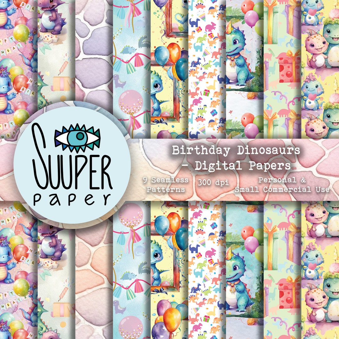 BIRTHDAY DINOSAURS Digital Papers- SEAMLESS - 9 Designs 12x12in, 30x30 ...