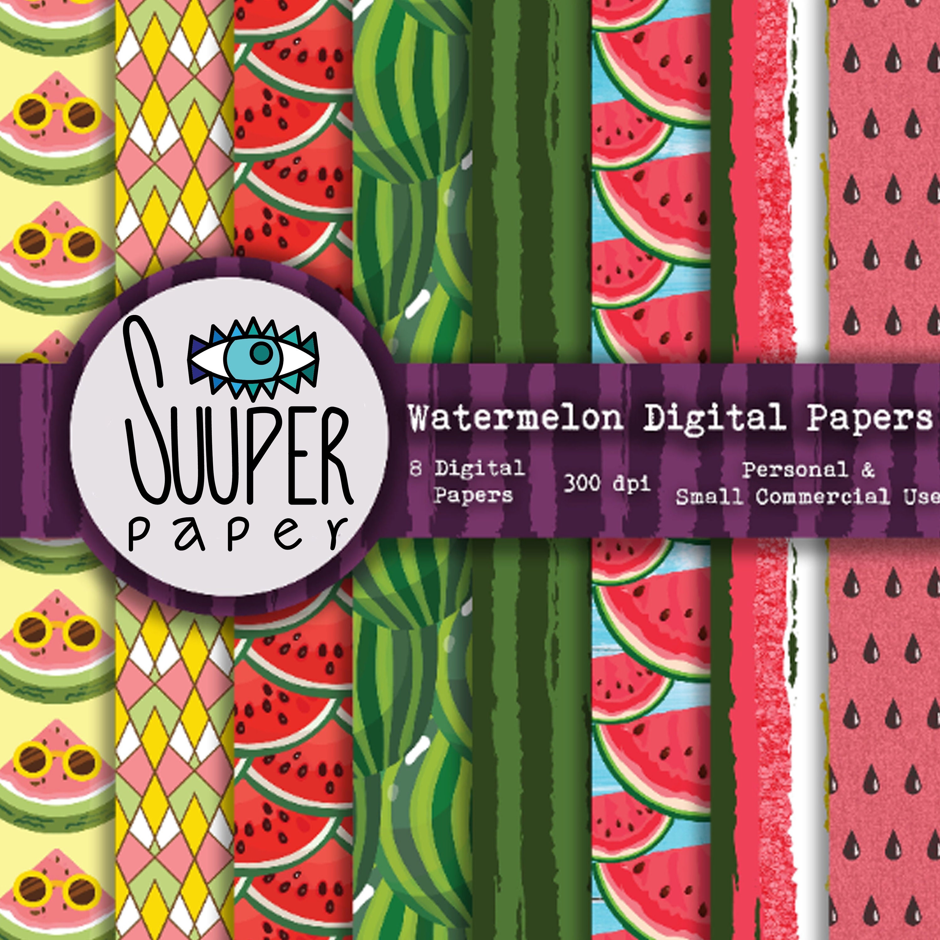 WATERMELON Digital Papers 8 Designs 12x12in, 30x30 Cm Ready to Print ...
