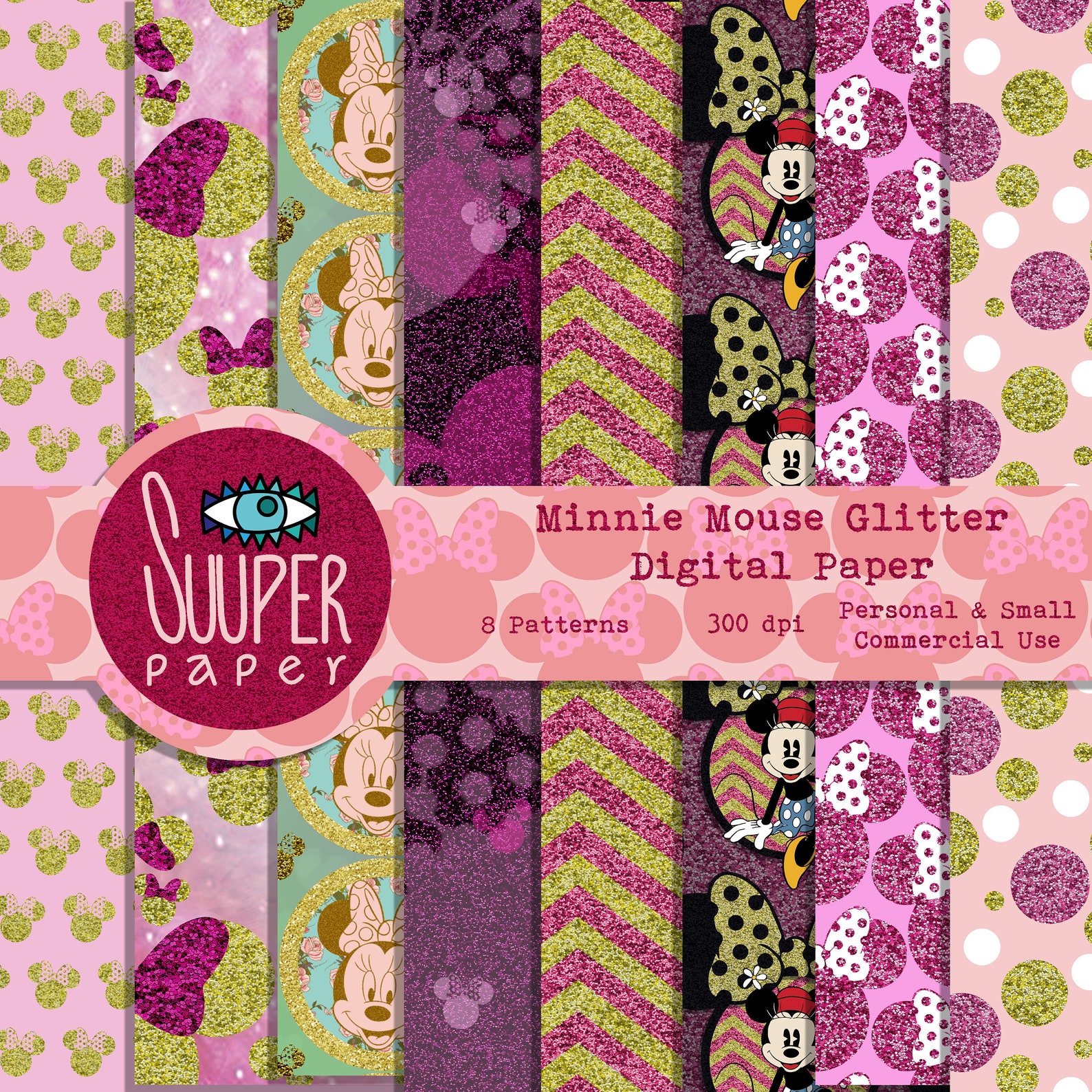 Minnie Mouse Glitter Digital Papers 8 Designs 12x12in 30x30 - Etsy