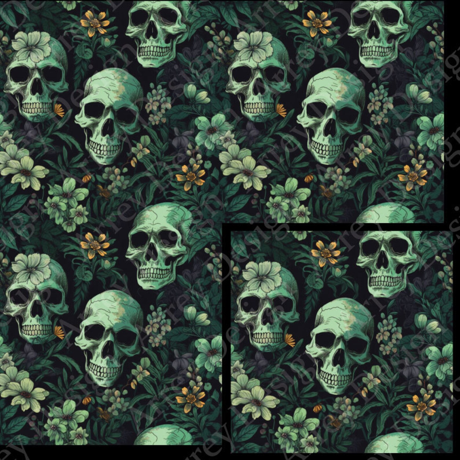 Green Skulls and Flowers - Seamless Pattern - Etsy