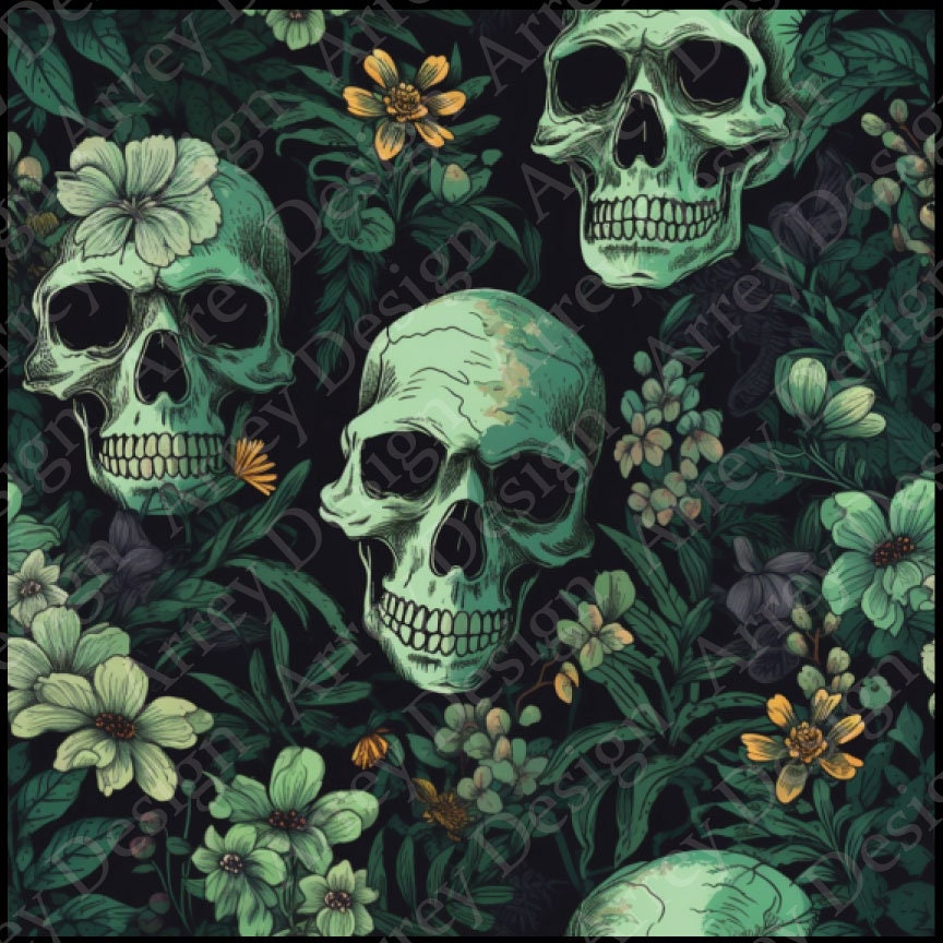 Green Skulls and Flowers - Seamless Pattern - Etsy