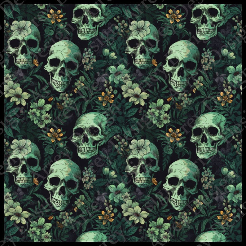 Green Skulls and Flowers - Seamless Pattern - Etsy
