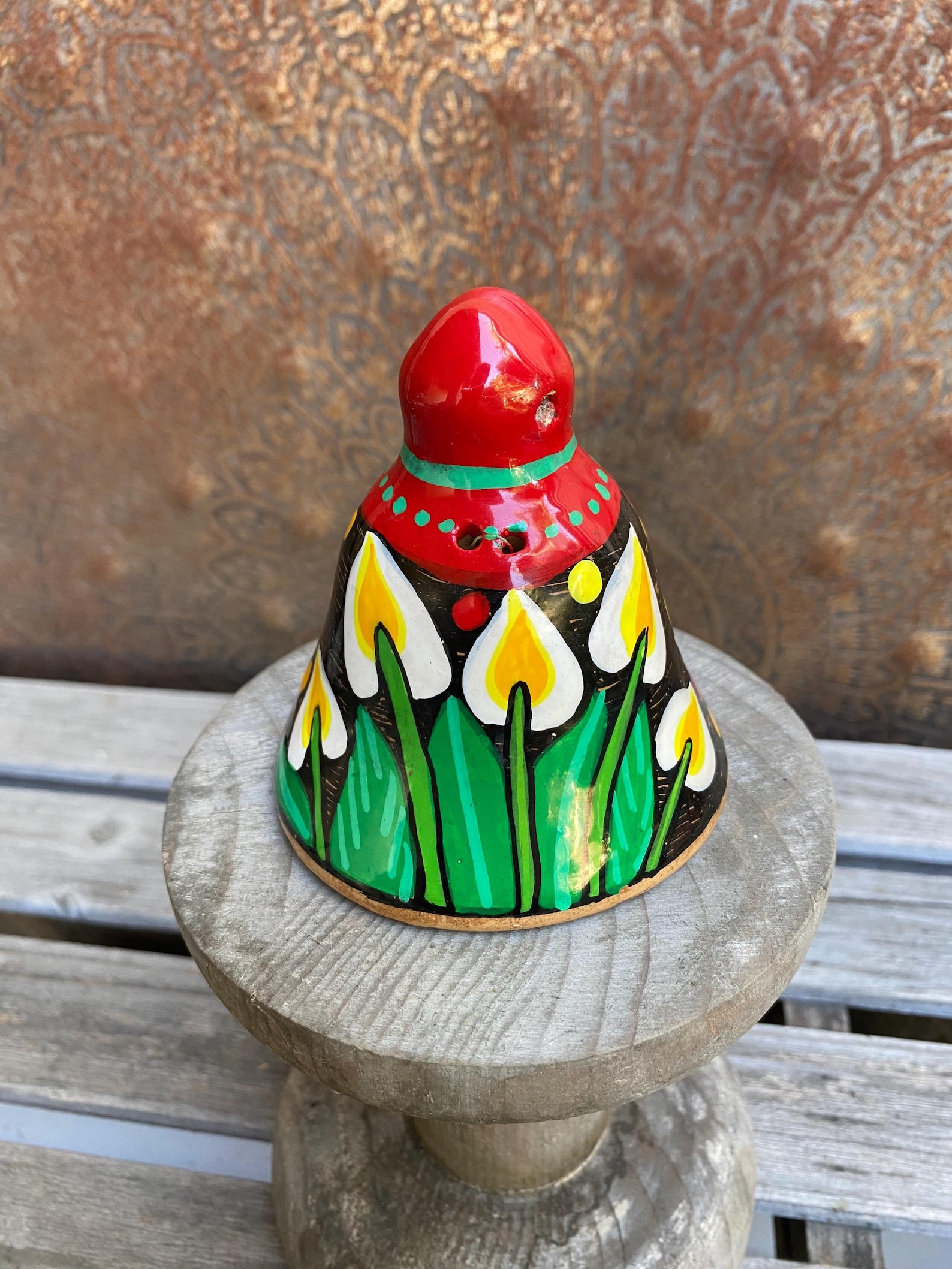 Shiny Terra Cotta Bell/vintage Hand Painted Bell/folk Art Bell/mexican ...