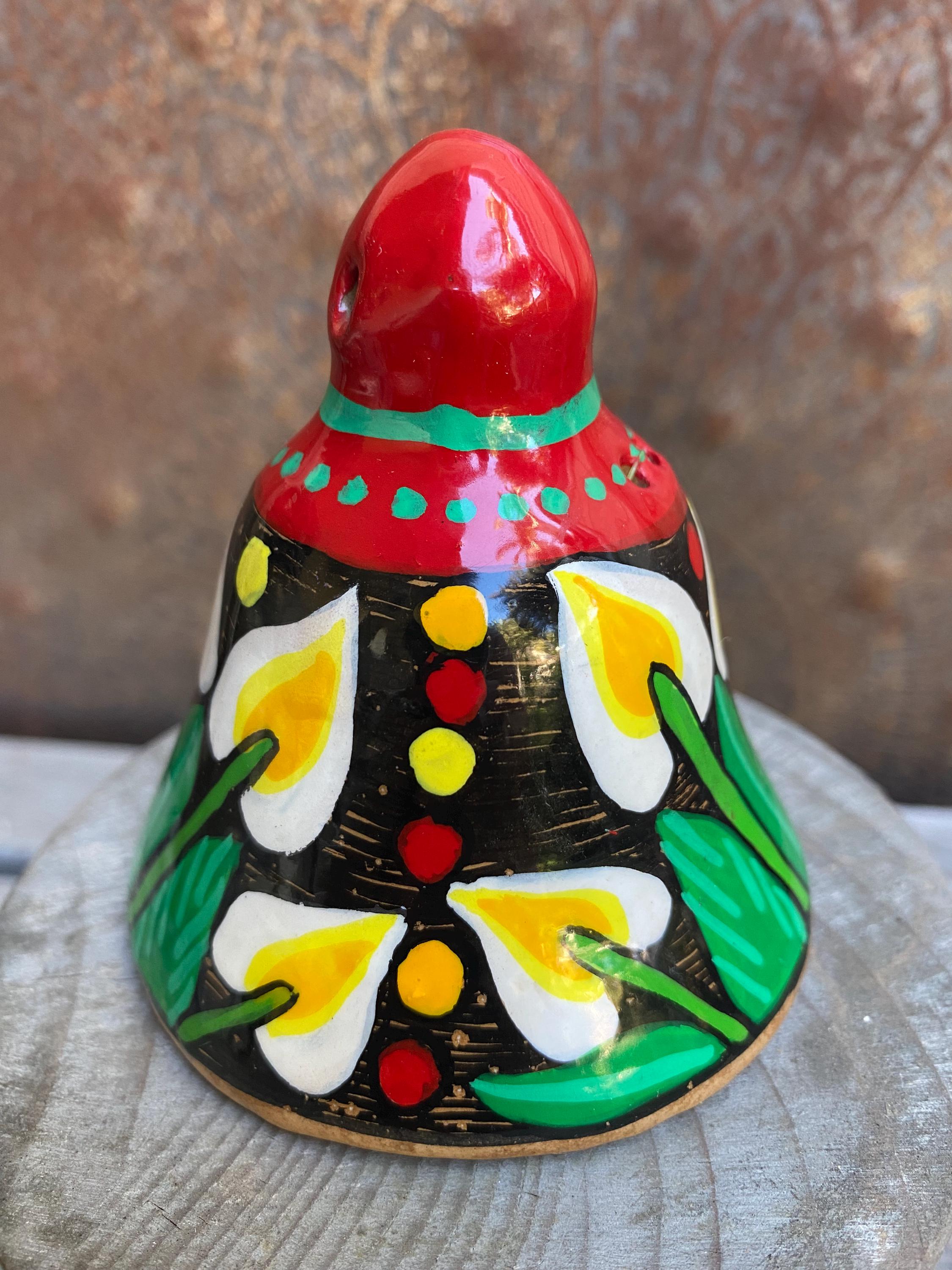 Shiny Terra Cotta Bell/vintage Hand Painted Bell/folk Art Bell/mexican ...