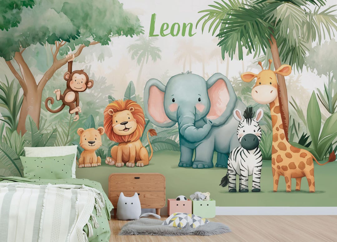 Jungle Wallpaper With Name, Children's Room Wallpaper, Nature, Baby ...