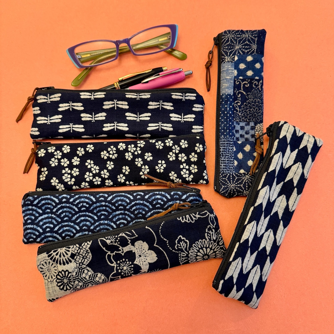 Japanese Indigo Pencil Pouch – Slim Cotton Zipper Case - Etsy