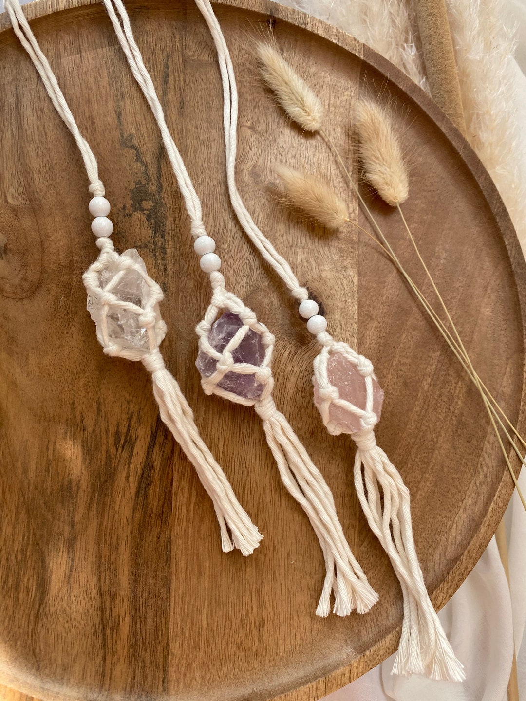 Car Rearview Mirror Pendant Macrame Crystal / Rock Crystal Rose Quartz ...