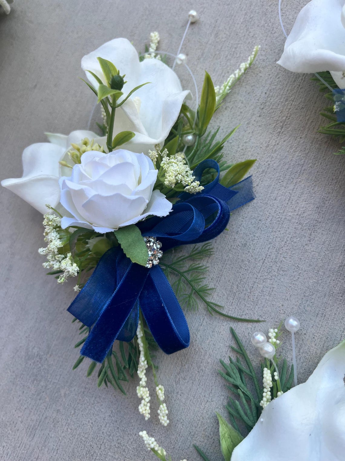 White and Blue Corsage, Mother Corsage, Blue Boutonniere Groom, Navy ...