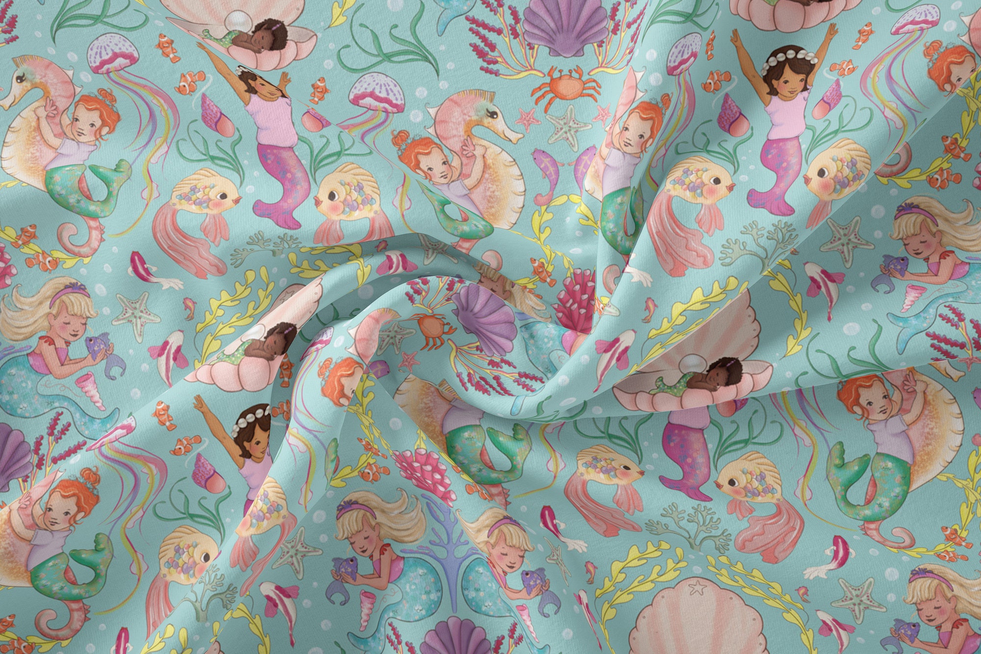 Belle and Boo Mermaids Fabric: Blue Cotton Poplin, Children's Print - Etsy