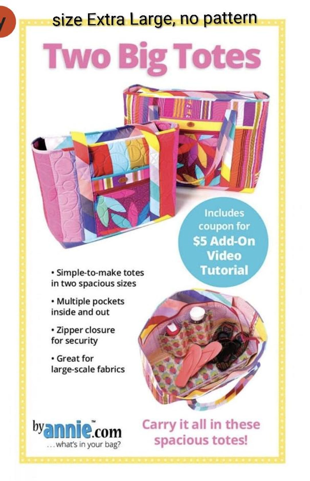 Two Big Totes Supply Kit Extra Large No Fabric No Pattern, Zippers ...