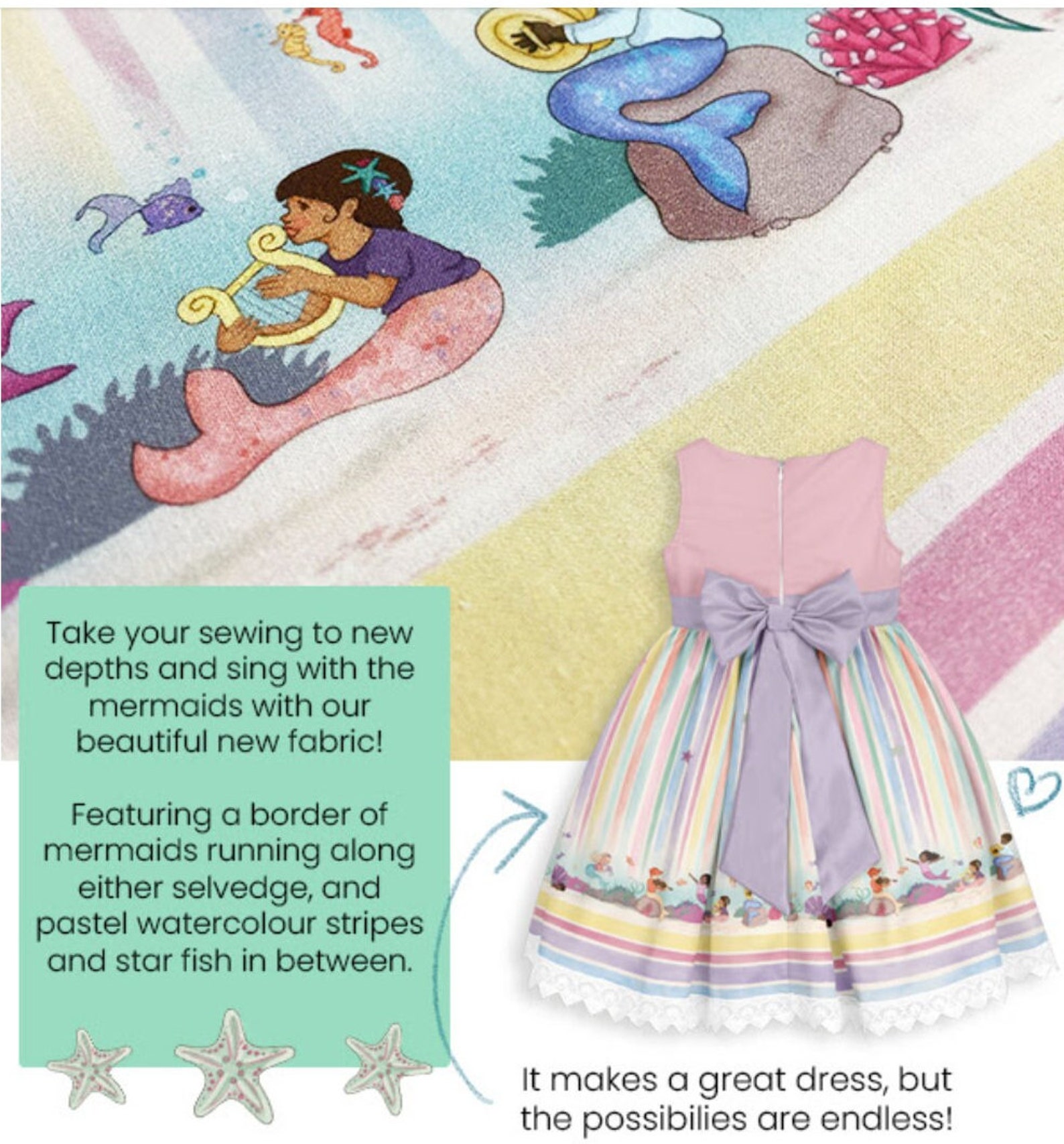 Belle and Boo Mermaid Fabric: Double Border Cotton Poplin - Etsy