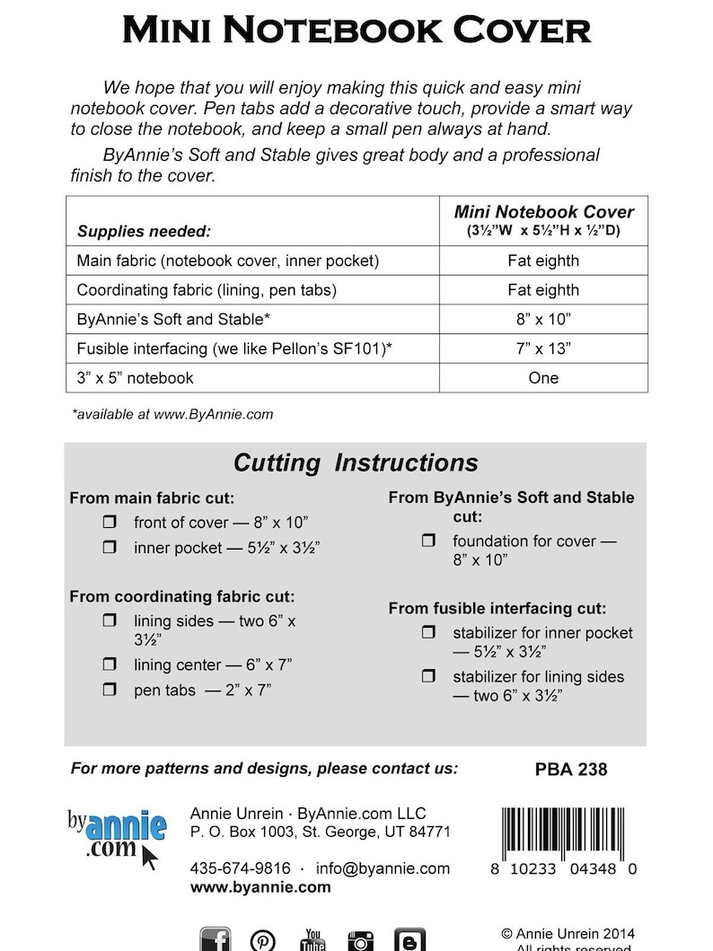 Mini Notebook Cover/patterns by Annie/paper Pattern/project Organizer ...