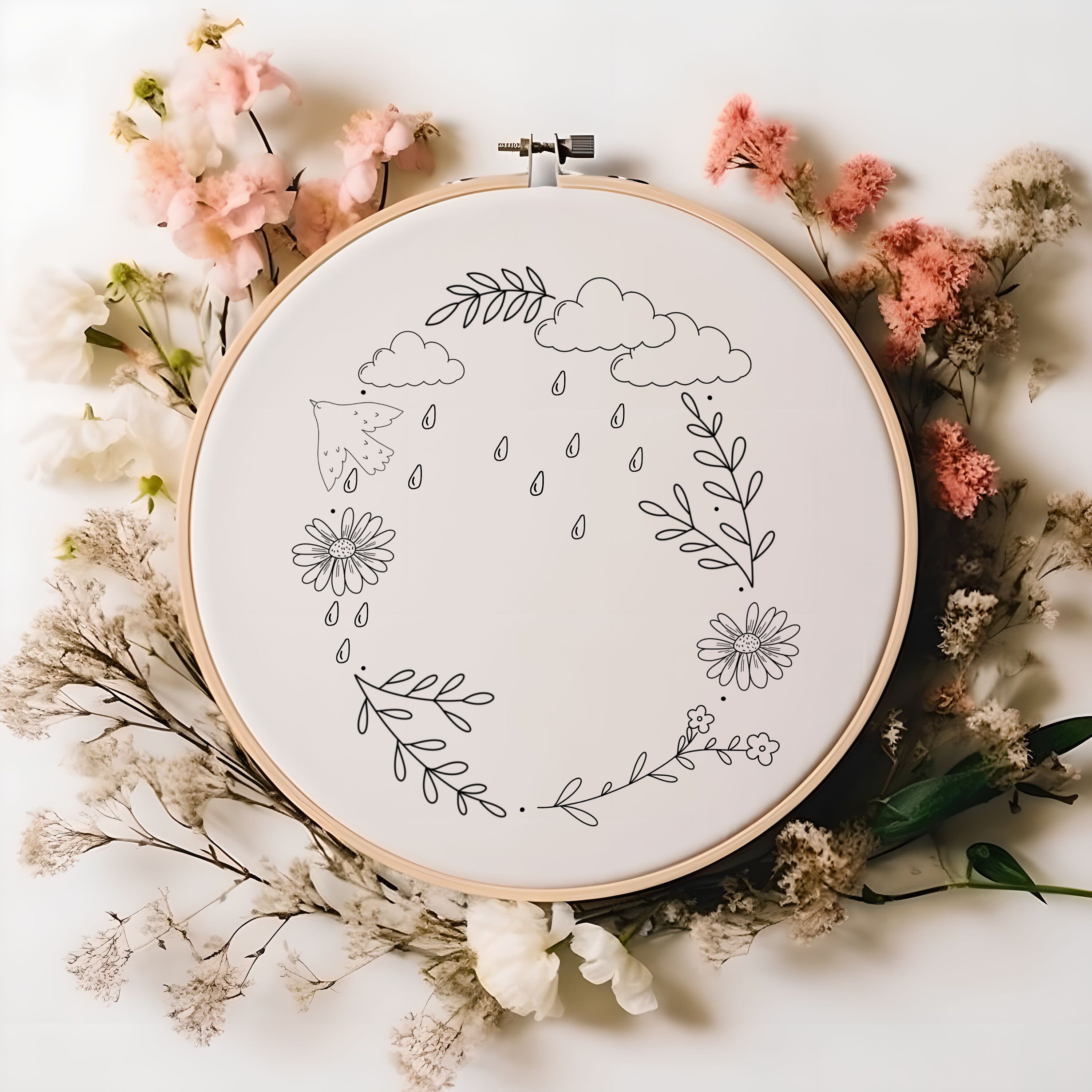 April Showers Hand Embroidery Pattern: Spring Floral Wreath (PDF ...