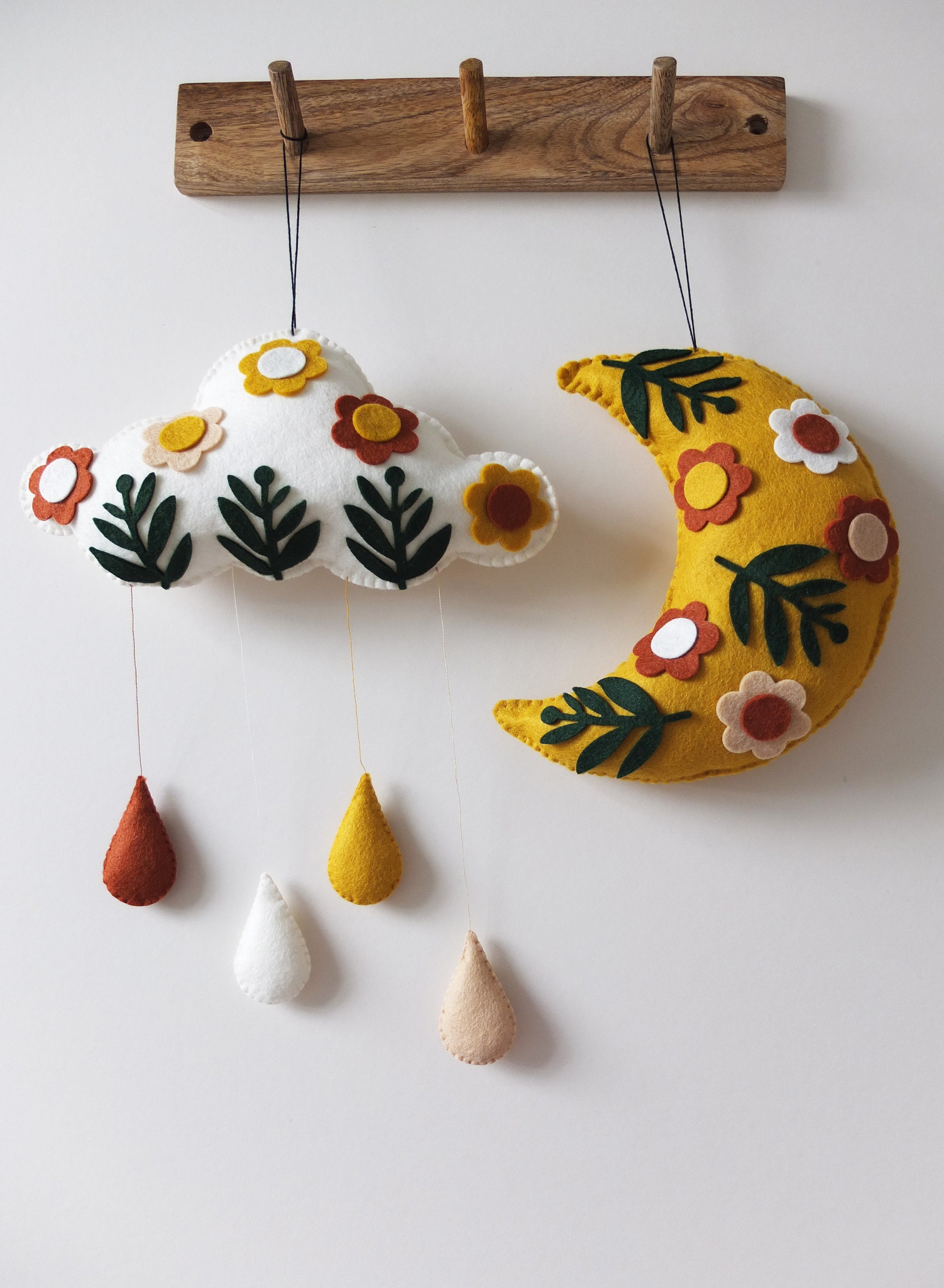 Felt Floral Moon, Felt Moon, Hanging Moon, Felt Crescent Moon, Summer ...