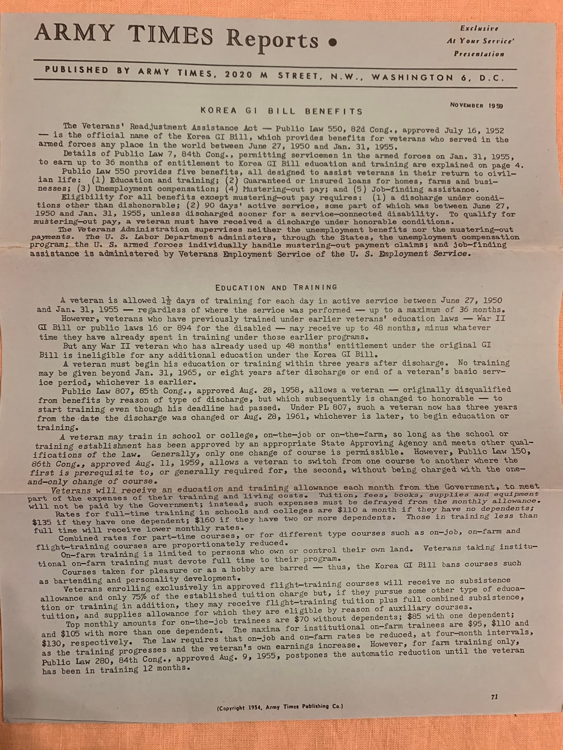 Vintage Army Times Report November 1959 Four Page Newsletter - Etsy