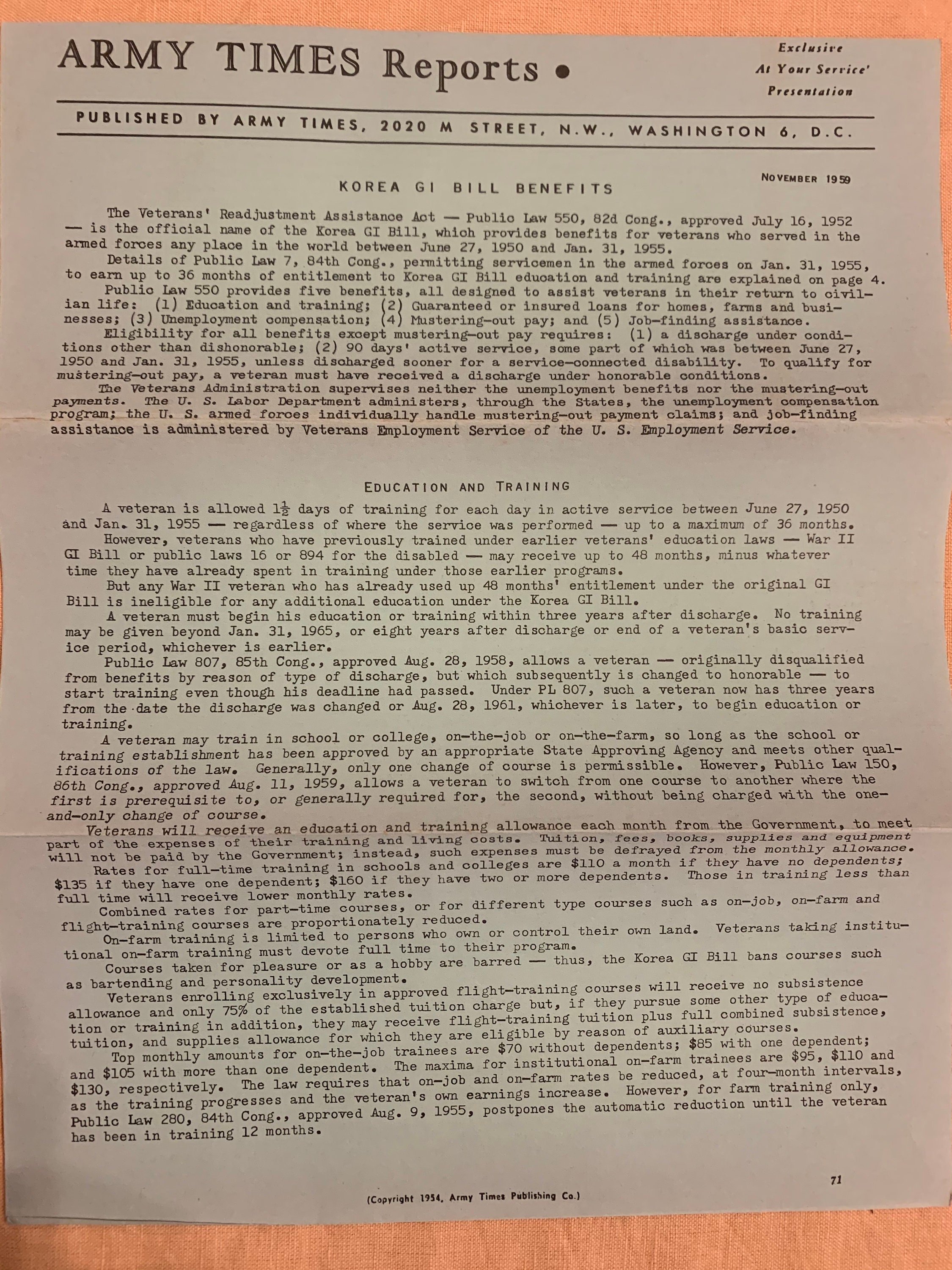 Vintage Army Times Report November 1959 Four Page Newsletter | Etsy