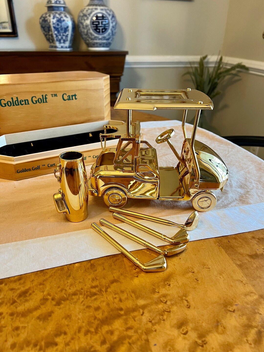 Golden Golf Cart Model, Heavy Gold Plated Golf Cart With Pine Wood ...