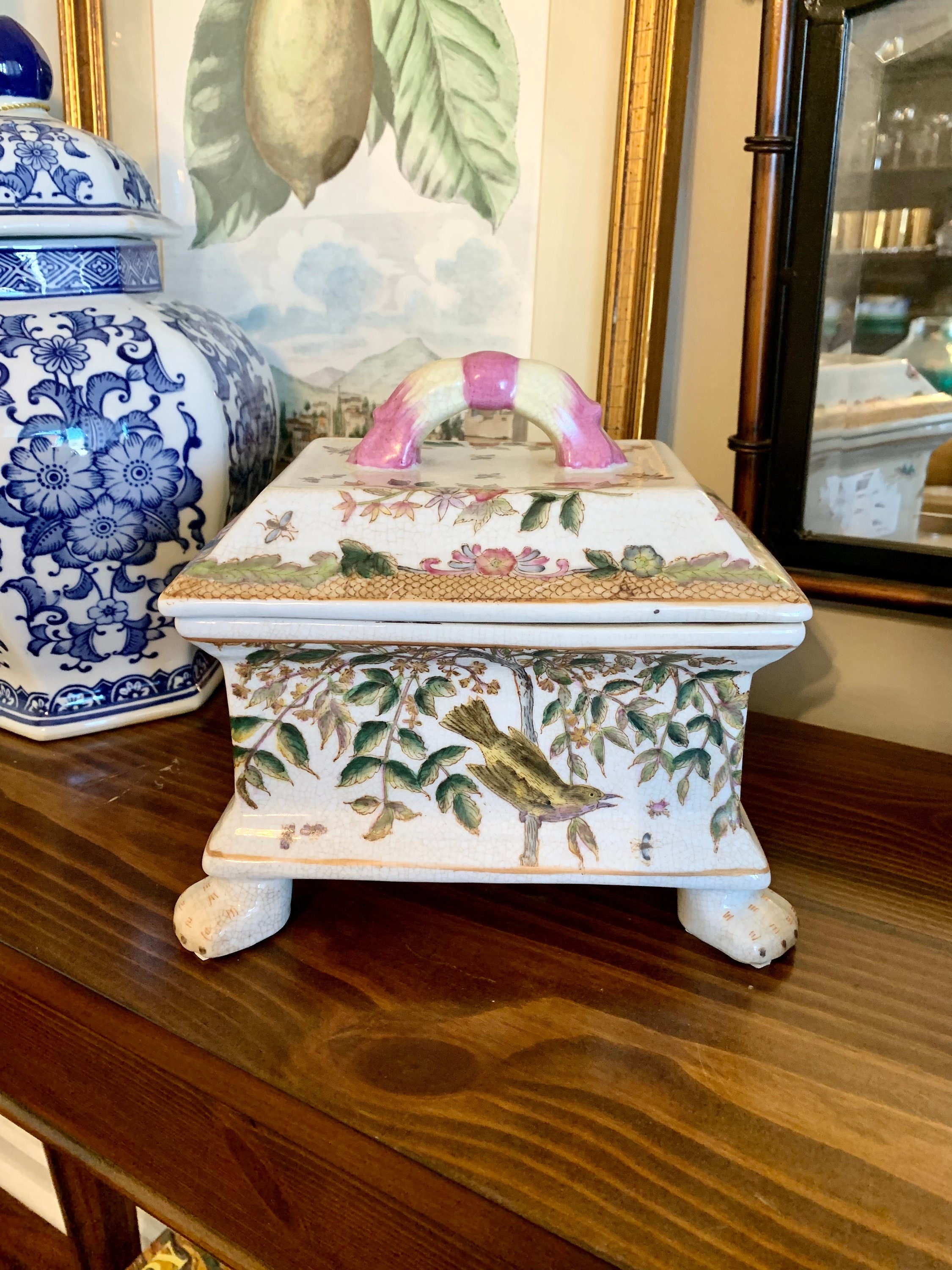 Chinese Ceramic Footed Box With Lid Pink and White Bird and - Etsy