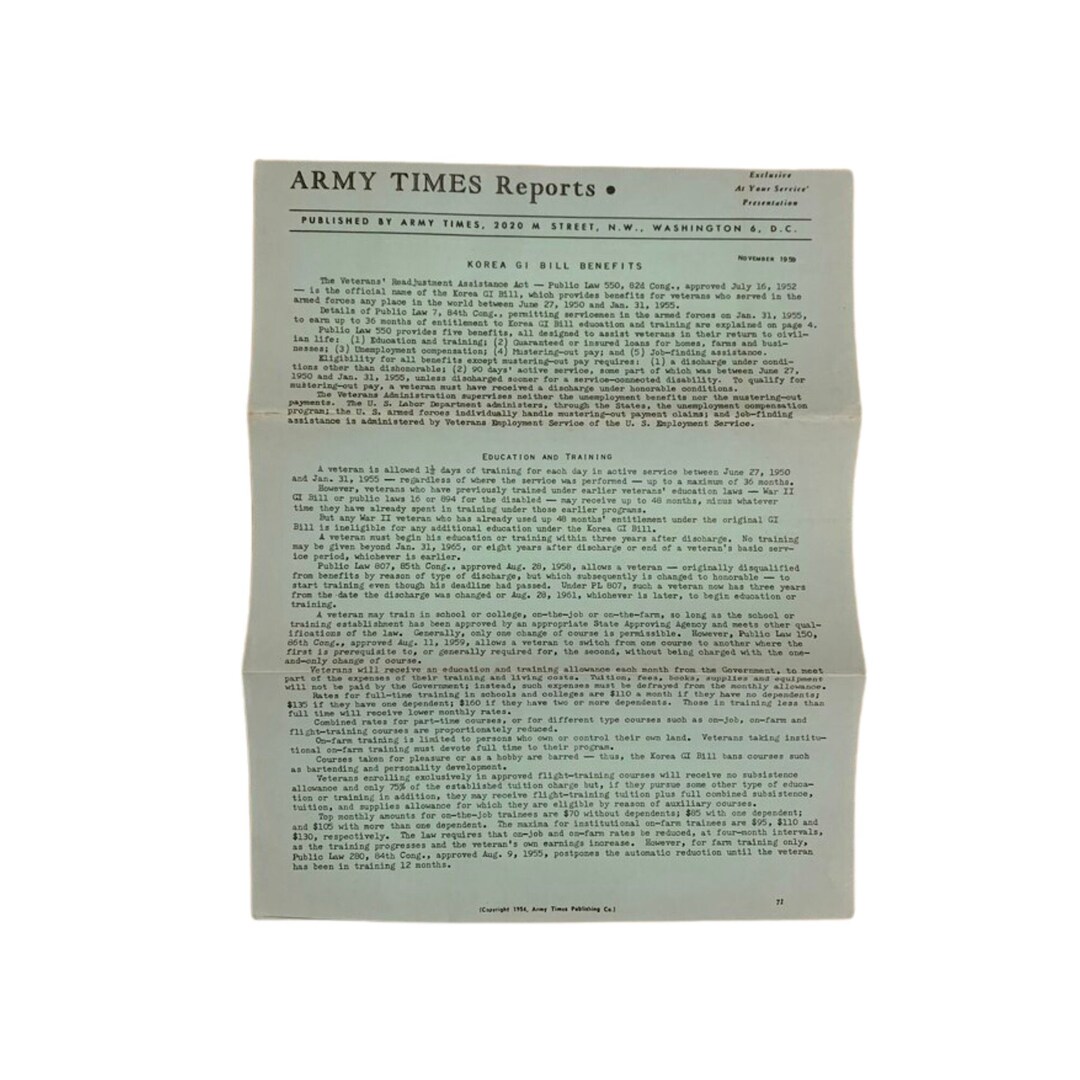 Vintage Army Times Report, November 1959 Four Page Newsletter, Korean ...